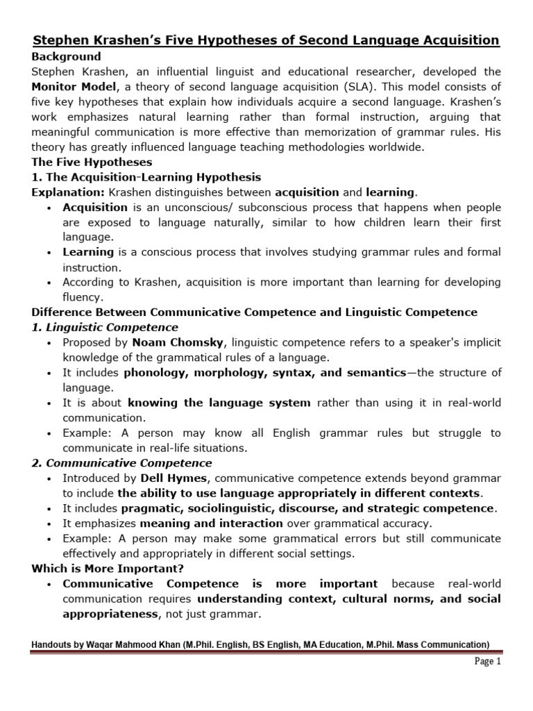 Stephen Krashen's Five Hypotheses of Second Language Acquisition | PDF ...