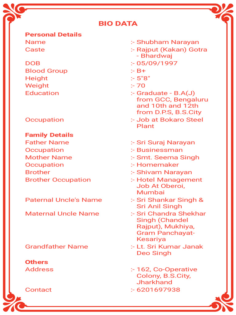 Shubham Narayan's Rajput Biodata | PDF