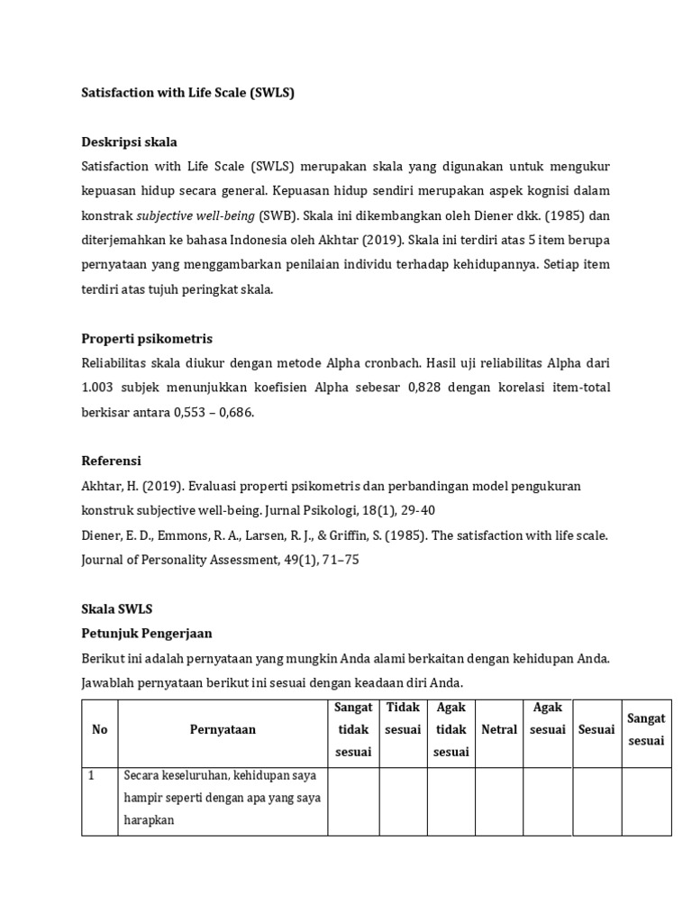 Skala Kepuasan Hidup (SWLS) | PDF