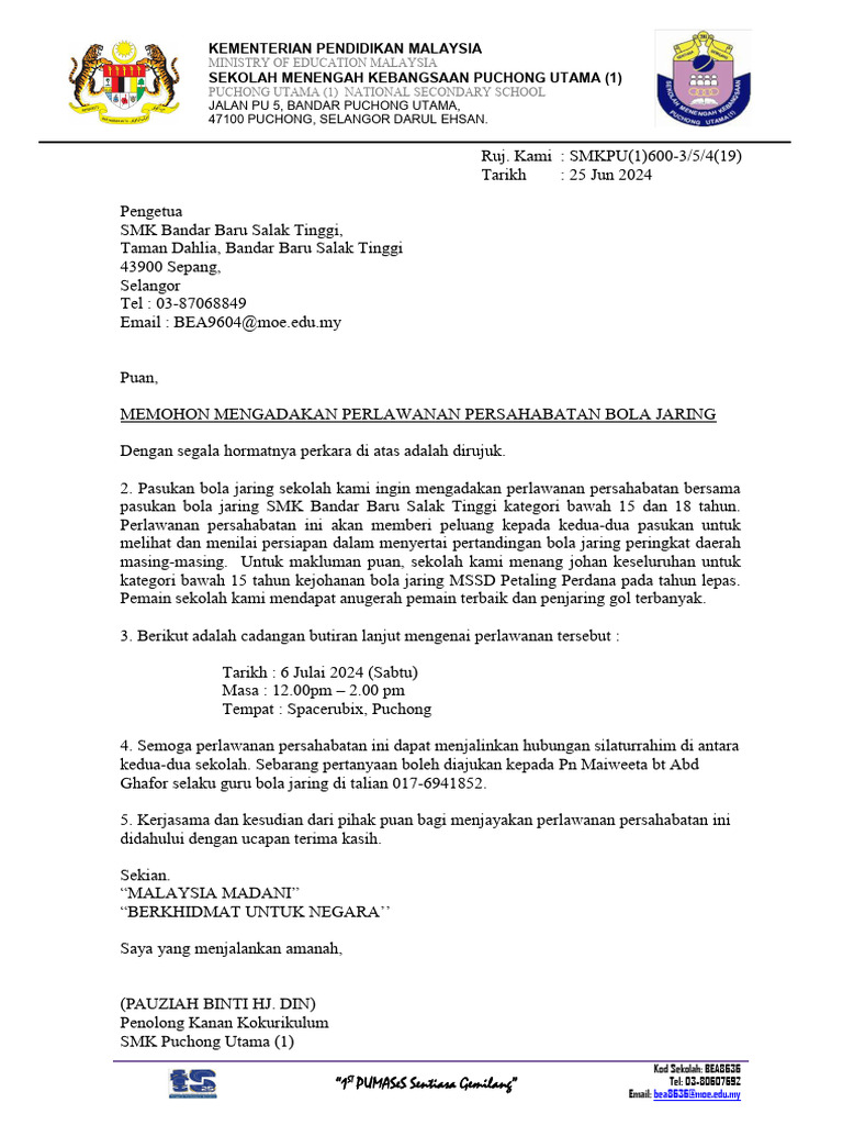 Surat Perlawanan Persahabatan SMK BBST(PkKokoSign) | PDF