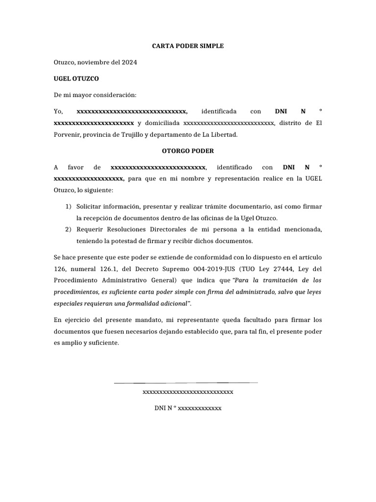 Carta Poder Simple para Trámites UGEL | PDF