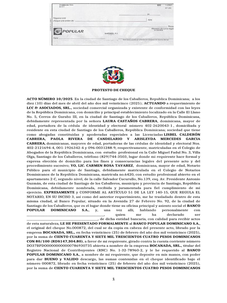 Protesto de cheque con Notario Público | PDF | República Dominicana ...