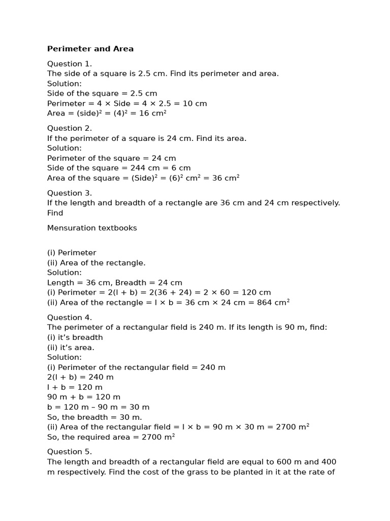 Class 7 Perimeter and Area Questions | PDF | Area | Length