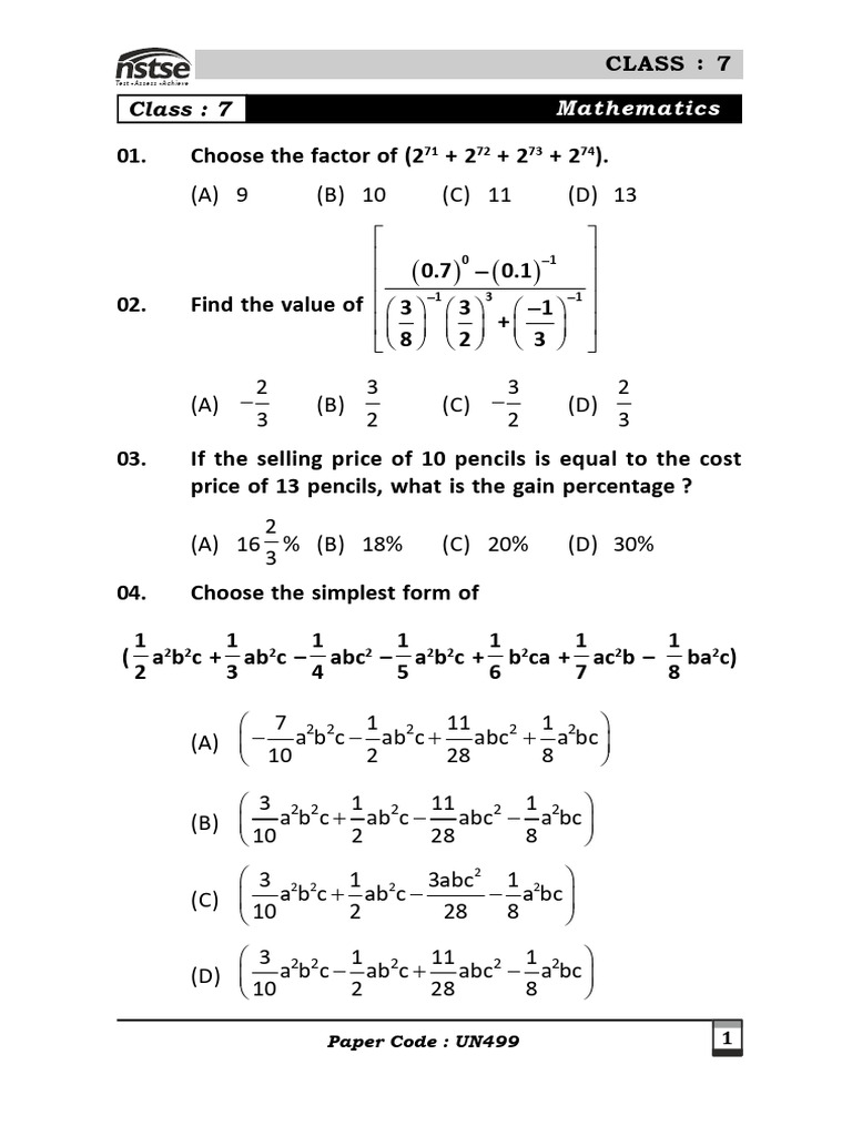 Class-7 Nstse 2023-24 Paper Un499 | PDF | Ph