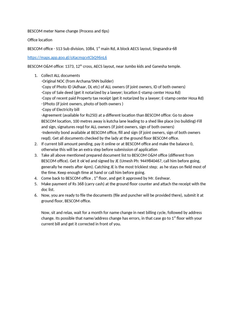 BESCOM Meter Name Change Singsandra | PDF