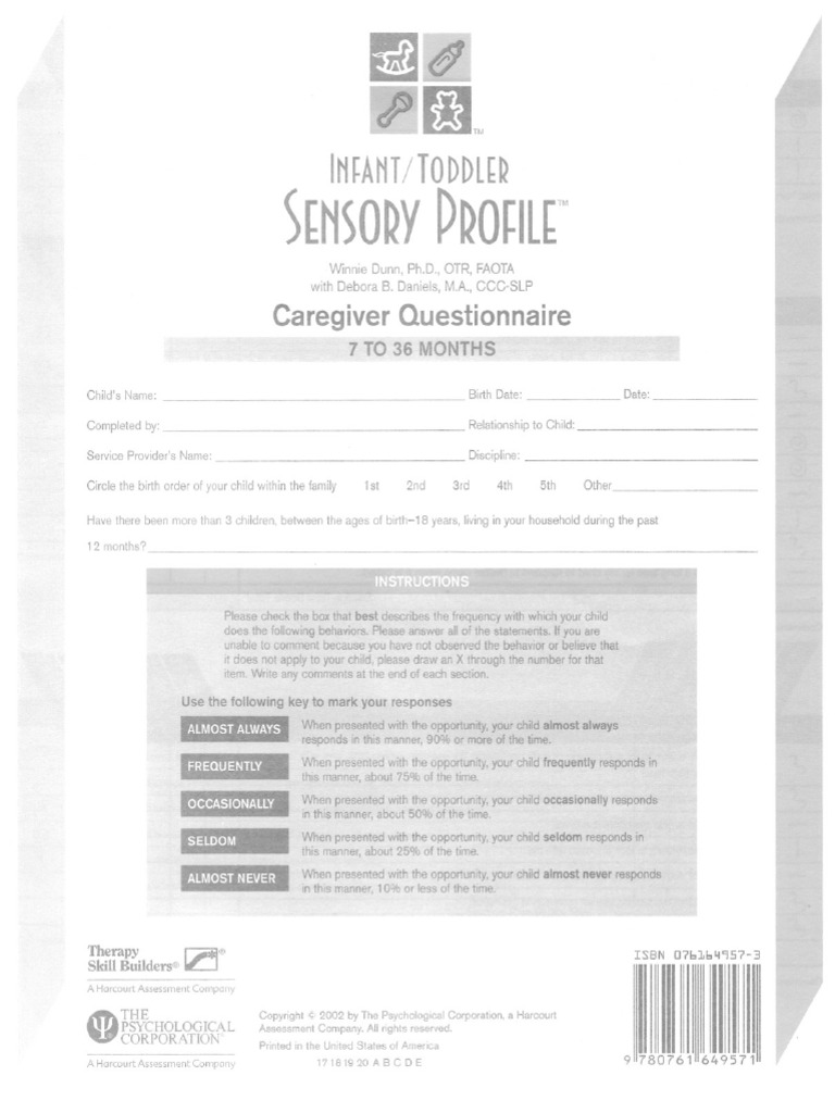 Sensory Profile Infant - Toddler Caregiver Questionnaire | PDF