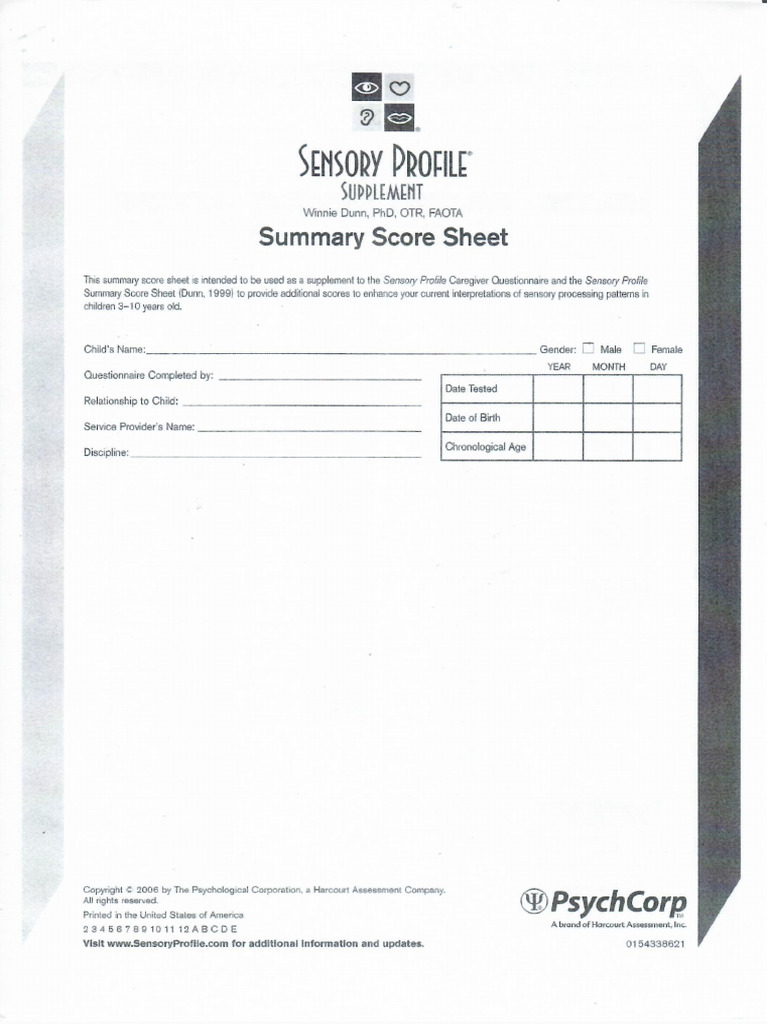 Sensory Profile Caregiver Questionnaire Summary Score Sheet Supplement ...