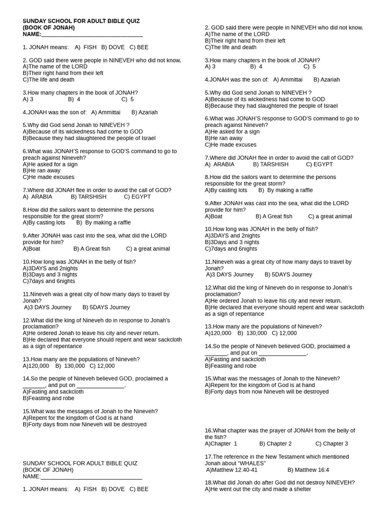 (Book of Jonah) Sunday School For Adult Bible Quiz | PDF | Jonah ...