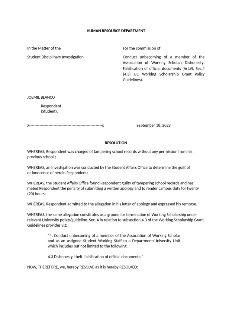 RESOLUTION For Mr. Joemil Blanco | PDF | Government | Justice