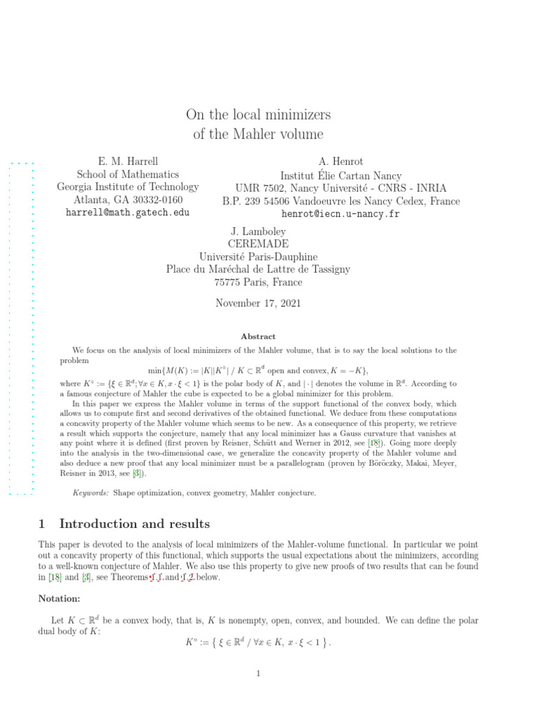 On The Local Minimizers of The Mahler Volume: Harrell@math - Gatech.edu Henrot@ | PDF | Limit ...