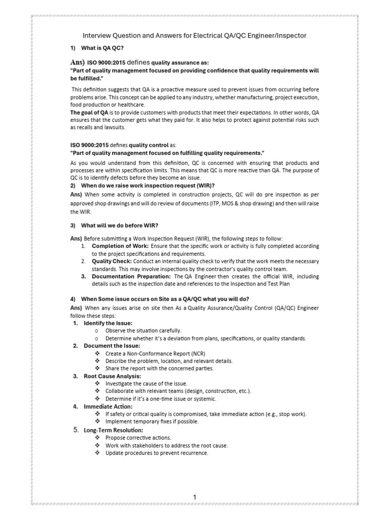 Interview Question and Answers For Electrical QA-QC Engineer-Inspector | PDF | Transformer ...