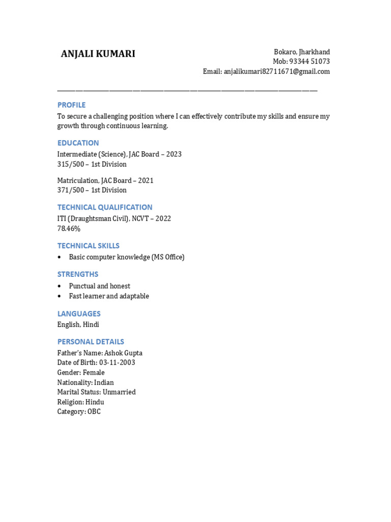 Anjali Kumari Resume Styled | PDF