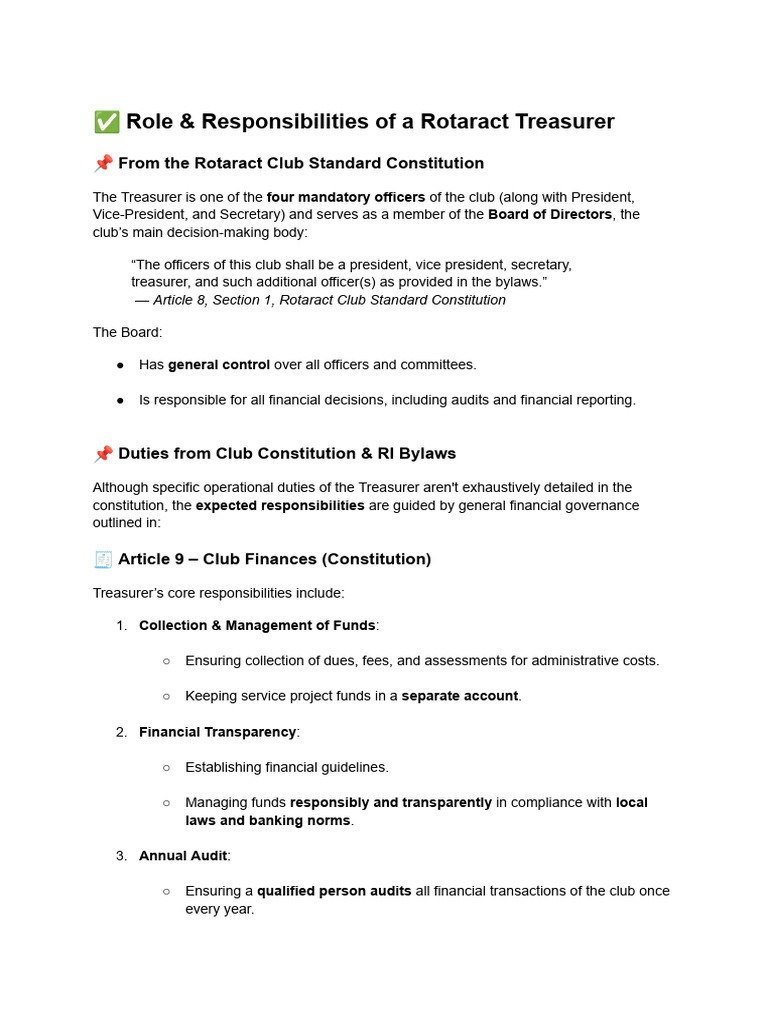Role & Responsibilities of A Rotaract Treasurer | PDF | Empowerment | Audit
