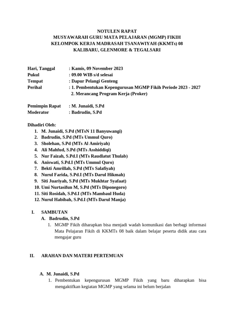 Notulen Rapat MGMP Fikih 09 Nov 23 | PDF