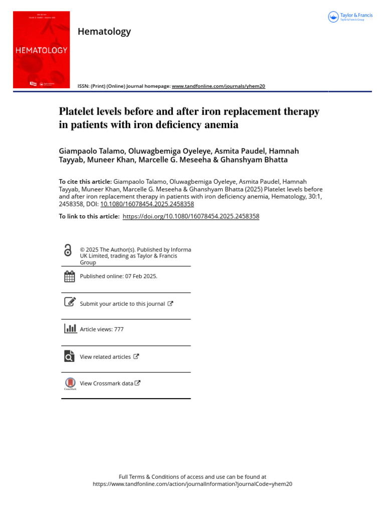 Platelet Levels Before and After Iron Replacement Therapy in Patients ...