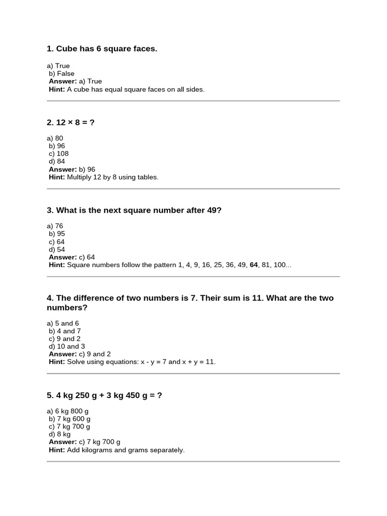 Math Quiz: Concepts & Calculations | PDF | Kilogram | Length
