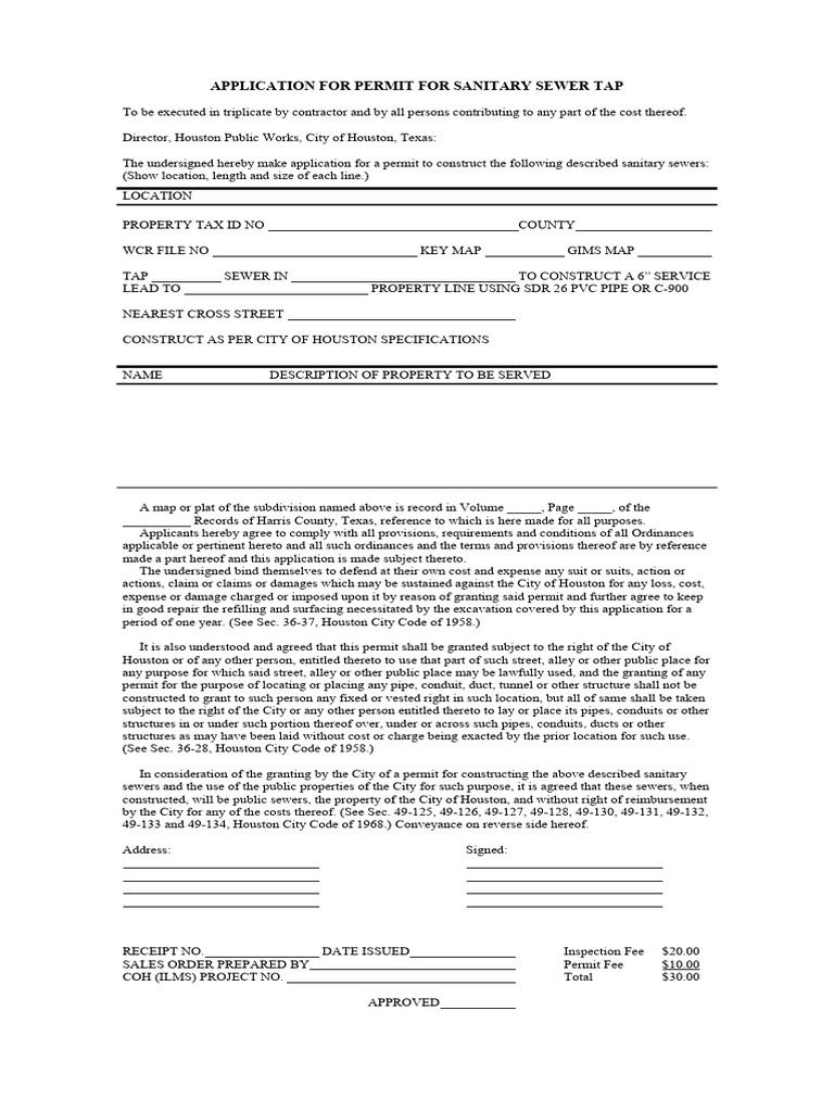 Sanitary Sewer Tap Permit Application | PDF | Sanitary Sewer