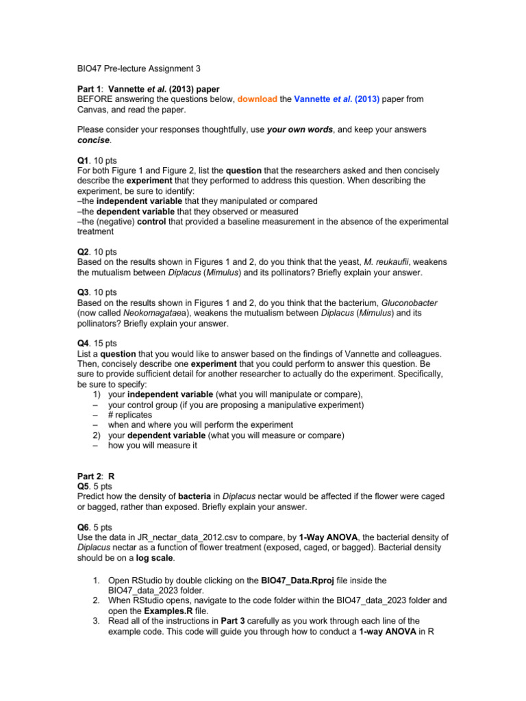BIO47 Prelecture3 Instructions | PDF | Experiment | Analysis Of Variance