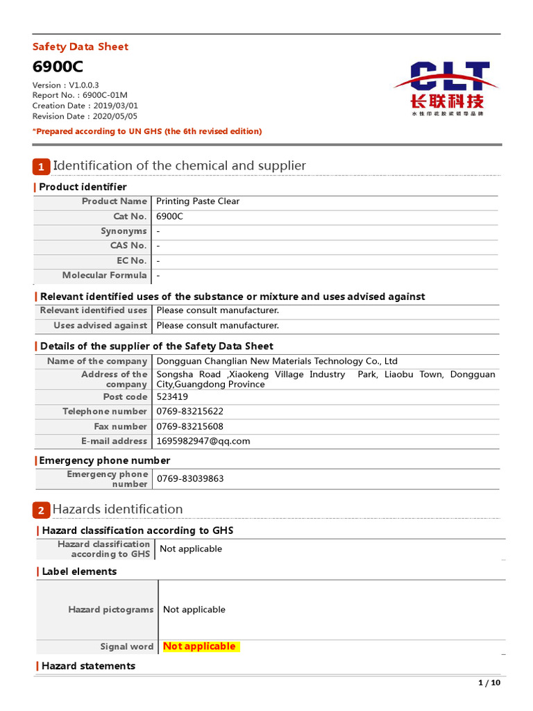 MSDS Rubber Ink 6900C Clear | PDF | Chemistry | Safety