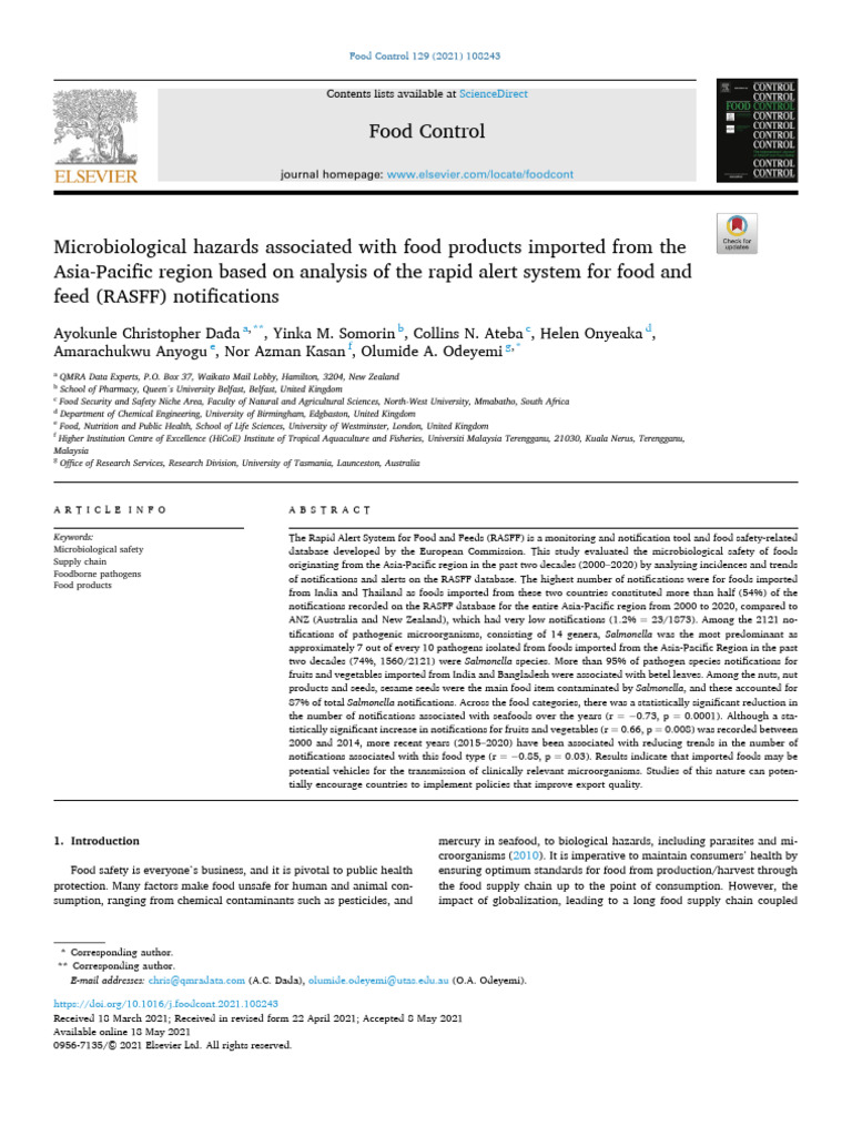Dada2021 - Microbiological Hazards Associated With Food Products ...