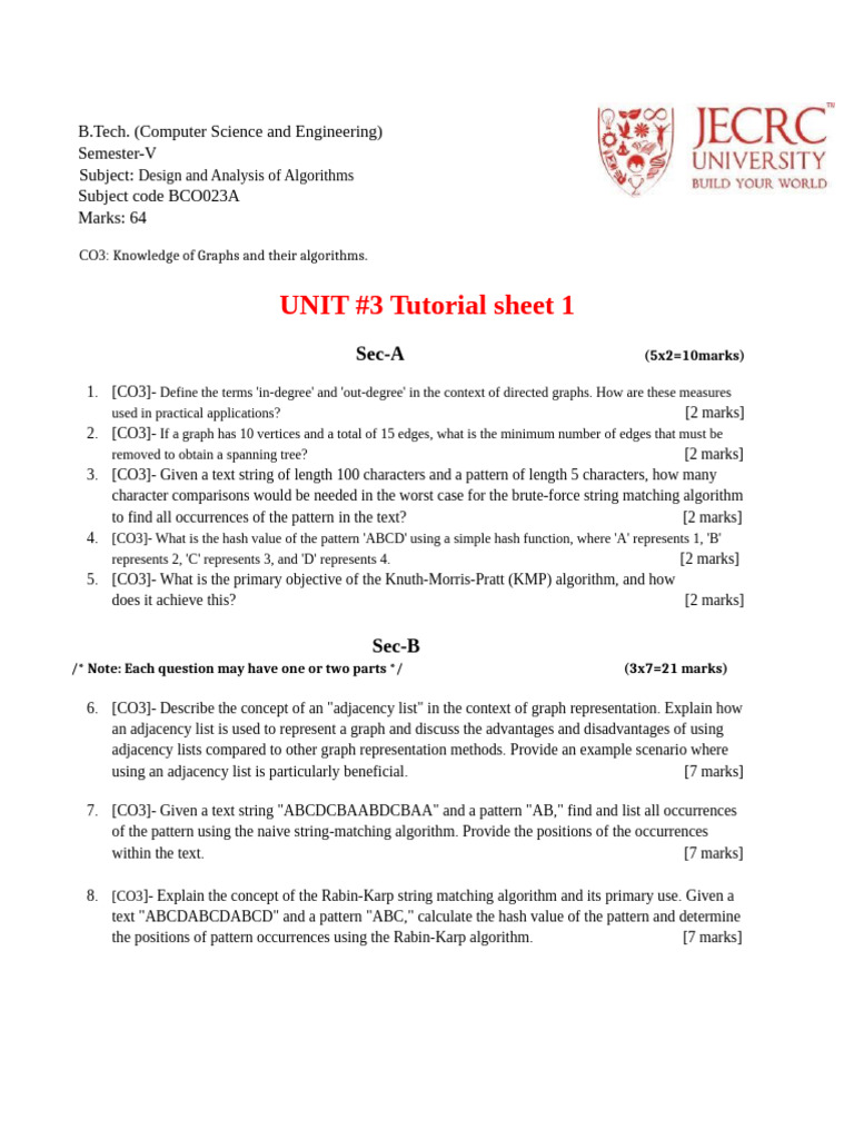 DAA Assignment - Unit - 3 - Tut - 1 | PDF | Automata Theory | Algorithms And Data Structures