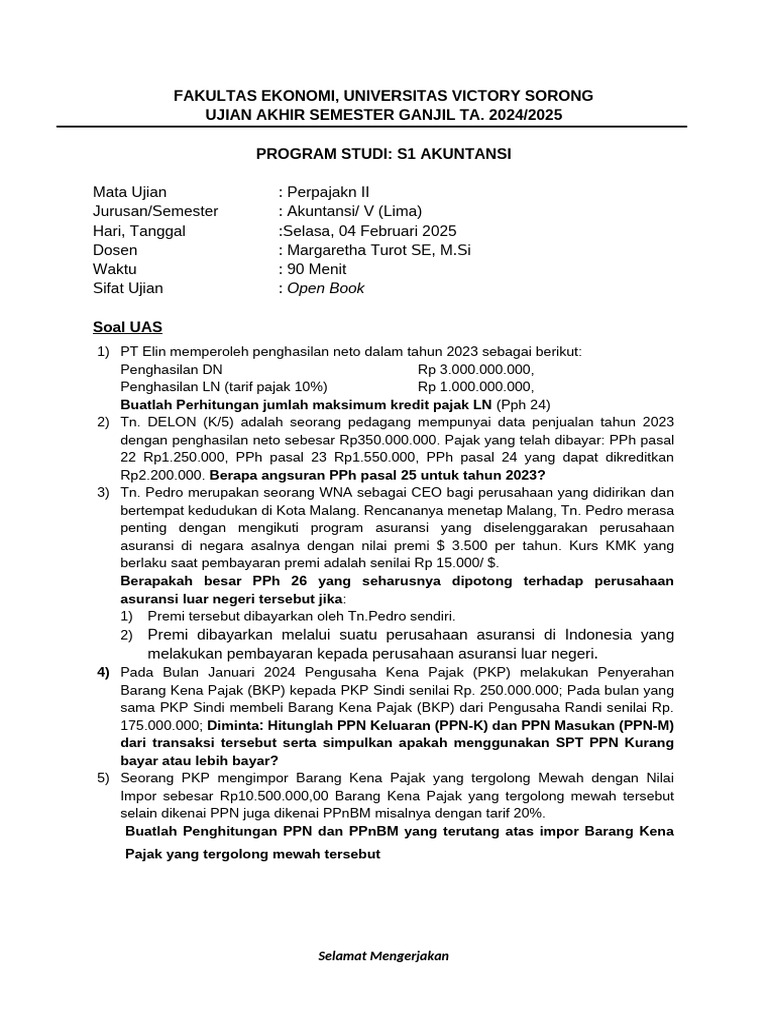 SOAL UAS PERPAJAKAN 2 AKT SEM 5 | PDF