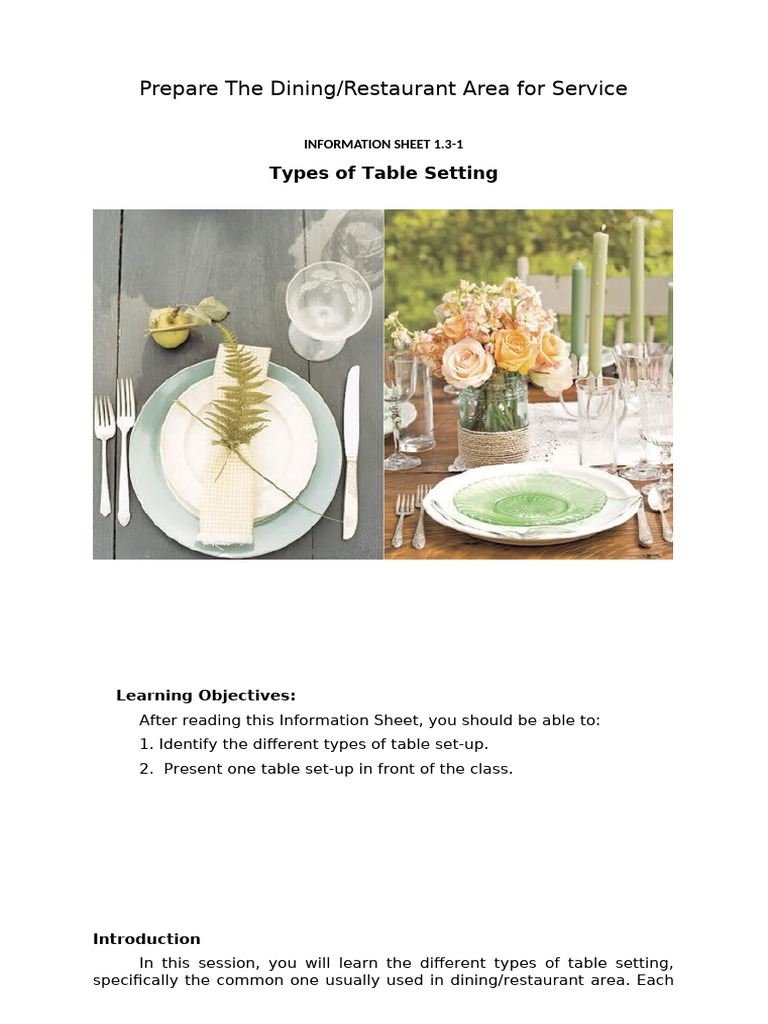 FBS LECTURE 1 Prepare The Dining area | PDF | Tableware | Restaurants