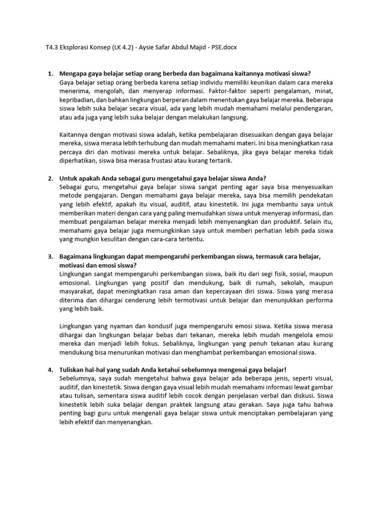 T4.3 Eksplorasi Konsep (LK 4.2) - Aysie Safar Abdul Majid - PSE | PDF