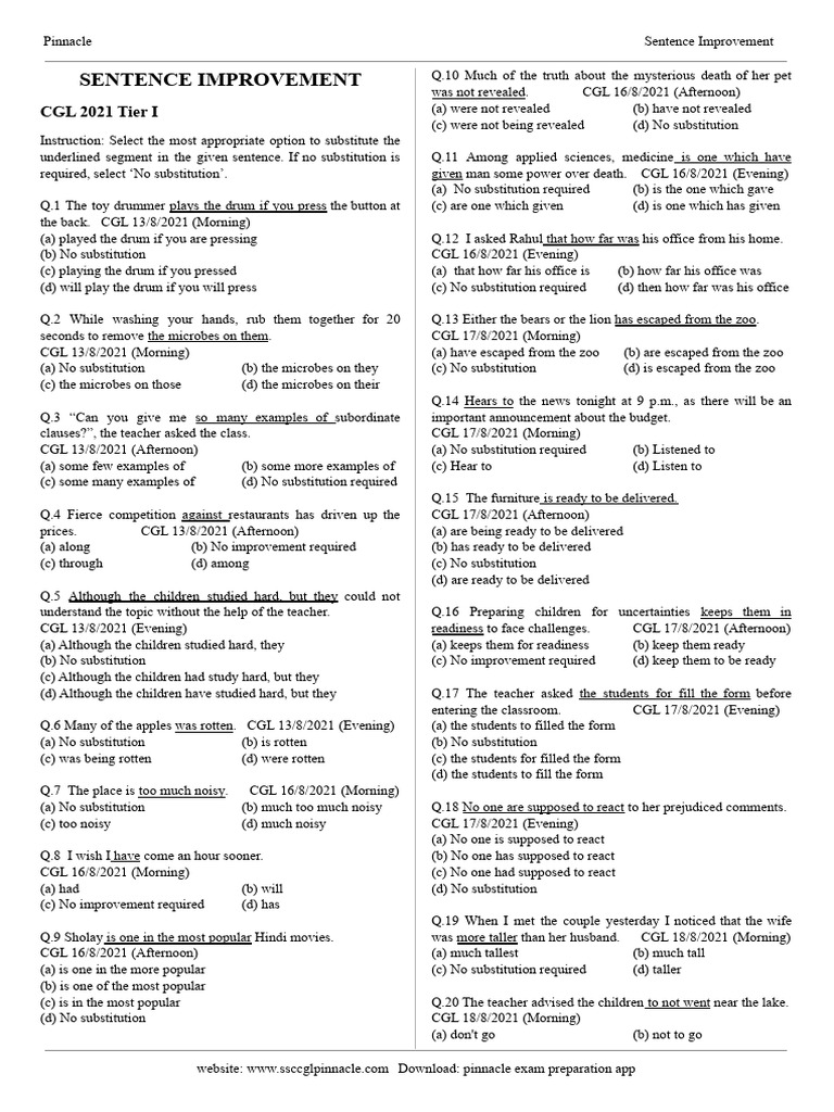 SENTENCE IMPROVEMENT | PDF | Plural | Grammatical Number