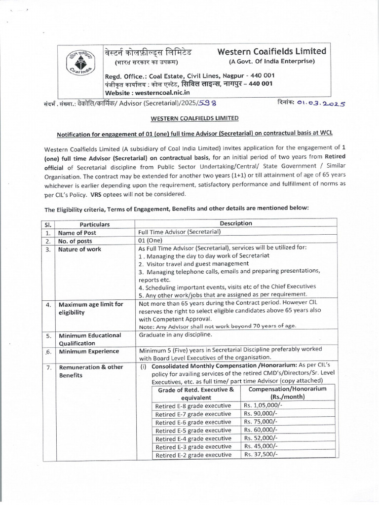 Notification Advisor (Secretarial) in WCL | PDF