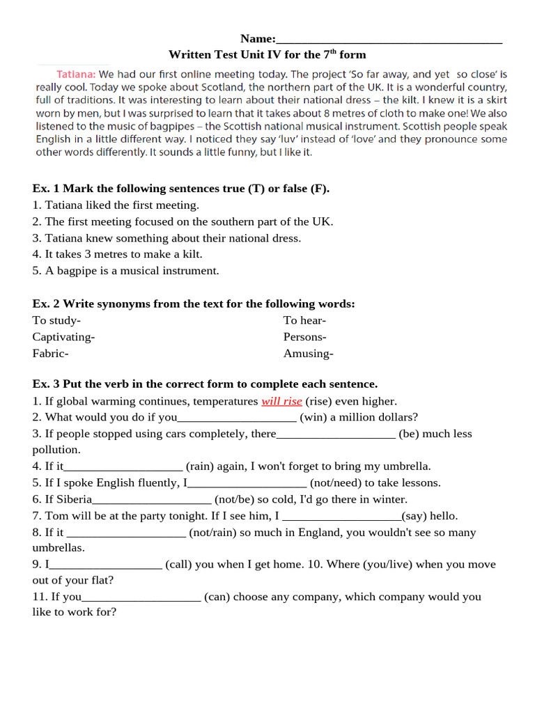 7th Grade English Test: Grammar & Topics | PDF