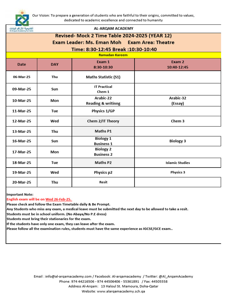 Revised Yr-12 Final Mock 2 Exams Timetable 2025 (2) | PDF | Vocational Education | Educational ...