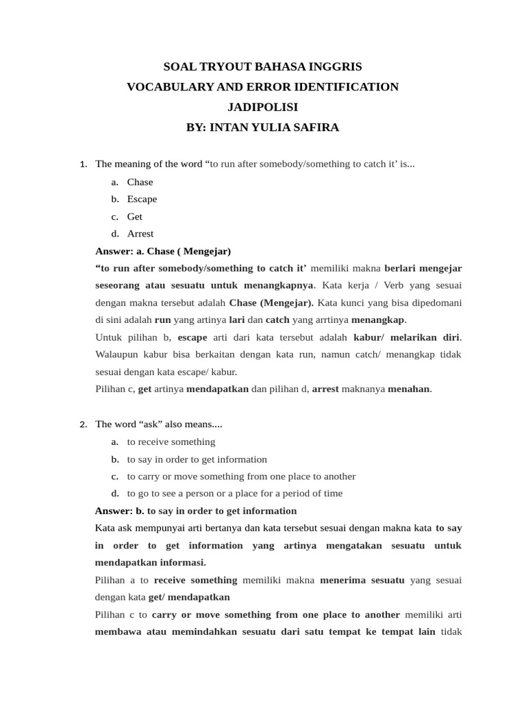 Intan Safira Soal Tryout Bahasa Inggris Vocabulary Error Identification ...