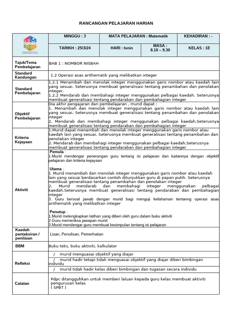 CONTOH TAPAK RPH | PDF