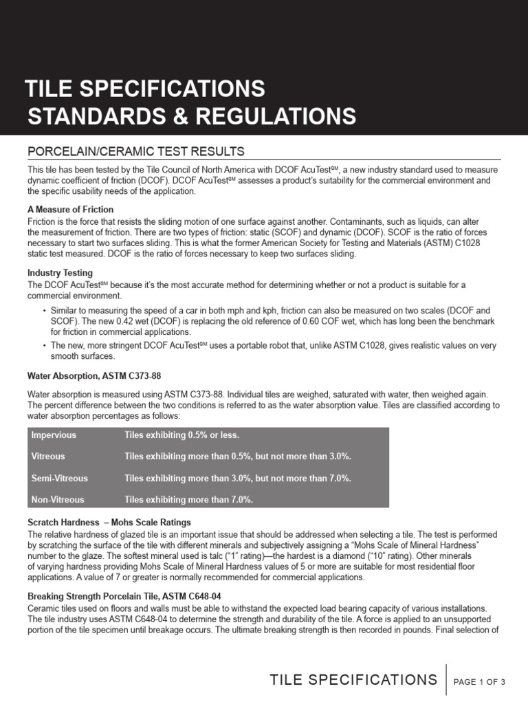 Tile Specifications Standards & Regulations: Porcelain/Ceramic Test ...
