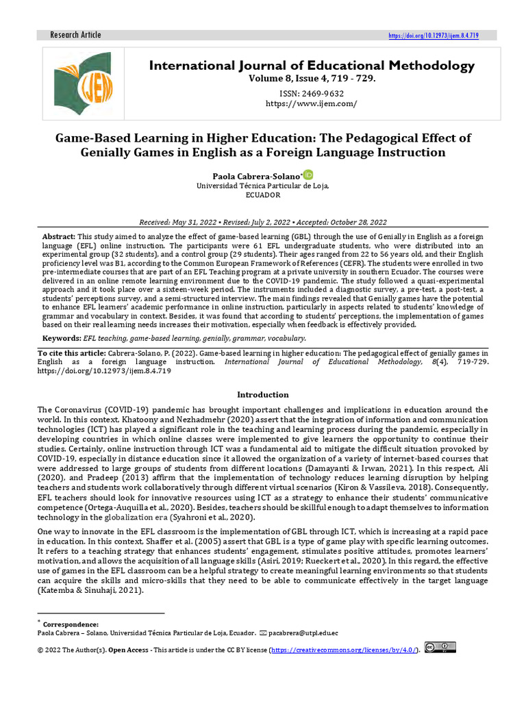 Game-Based Learning in Higher Education | PDF | English As A Second Or Foreign Language ...