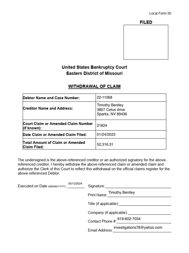Withdrawal of Claim Form 3 Fillable | PDF | Bankruptcy | Debt Relief