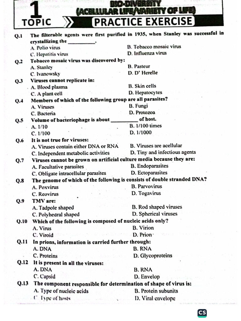 Acellular Life Practice Sheet | PDF