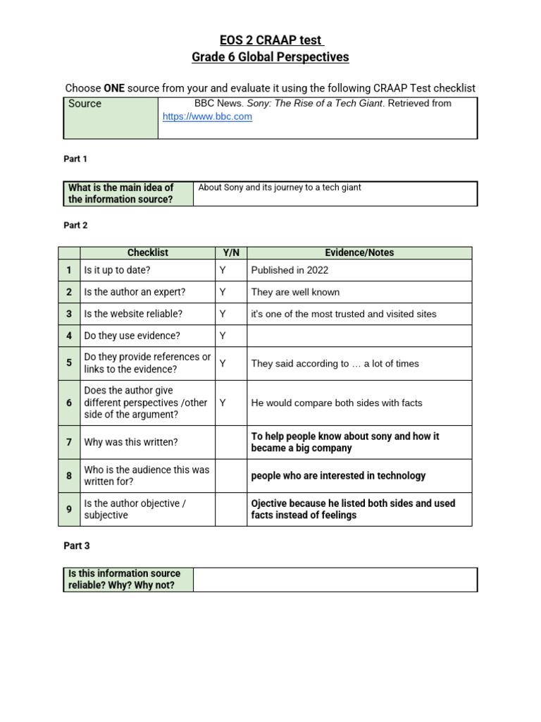 EOS 2 CRAAP TEST For Grade 6 (Example) | PDF