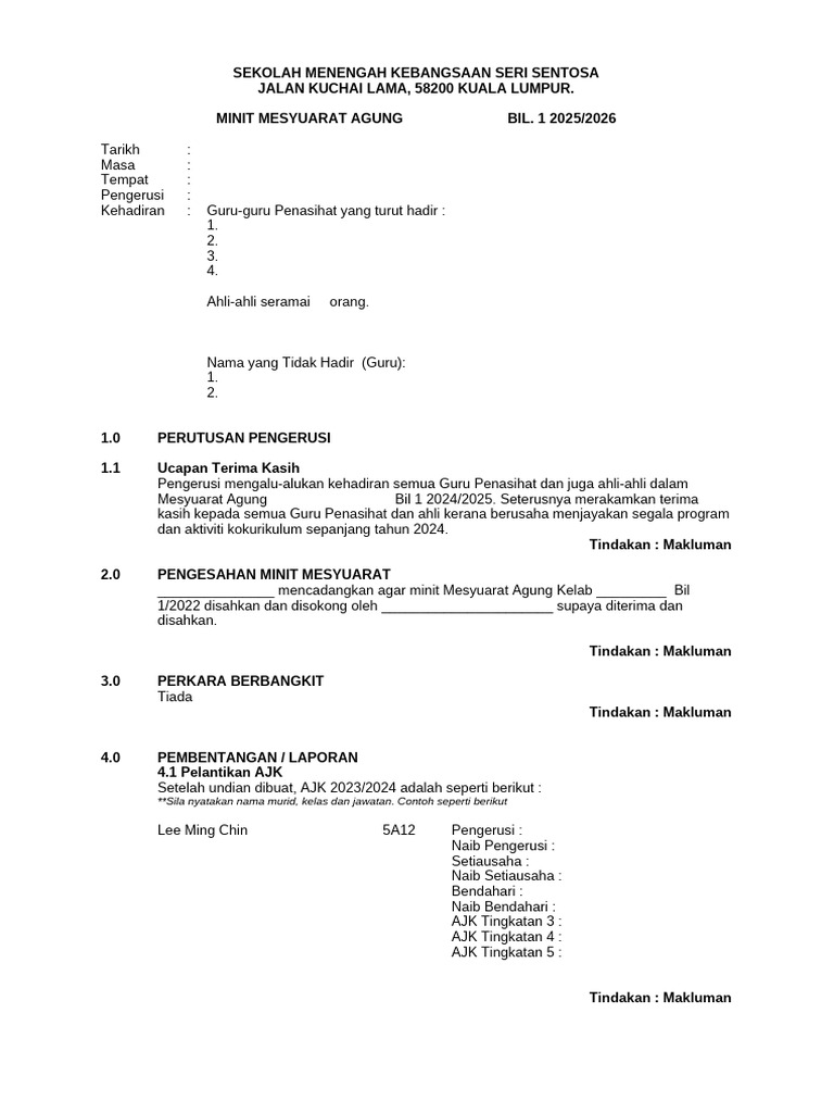 Template Minit Mesyuarat AGM 2025 KP, BU, SP, RS | PDF