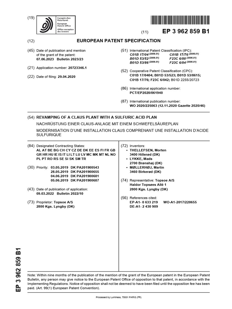 Ep3962859b1 Revamping of a Claus Plant With a Sulfuric Acid Plan | PDF ...