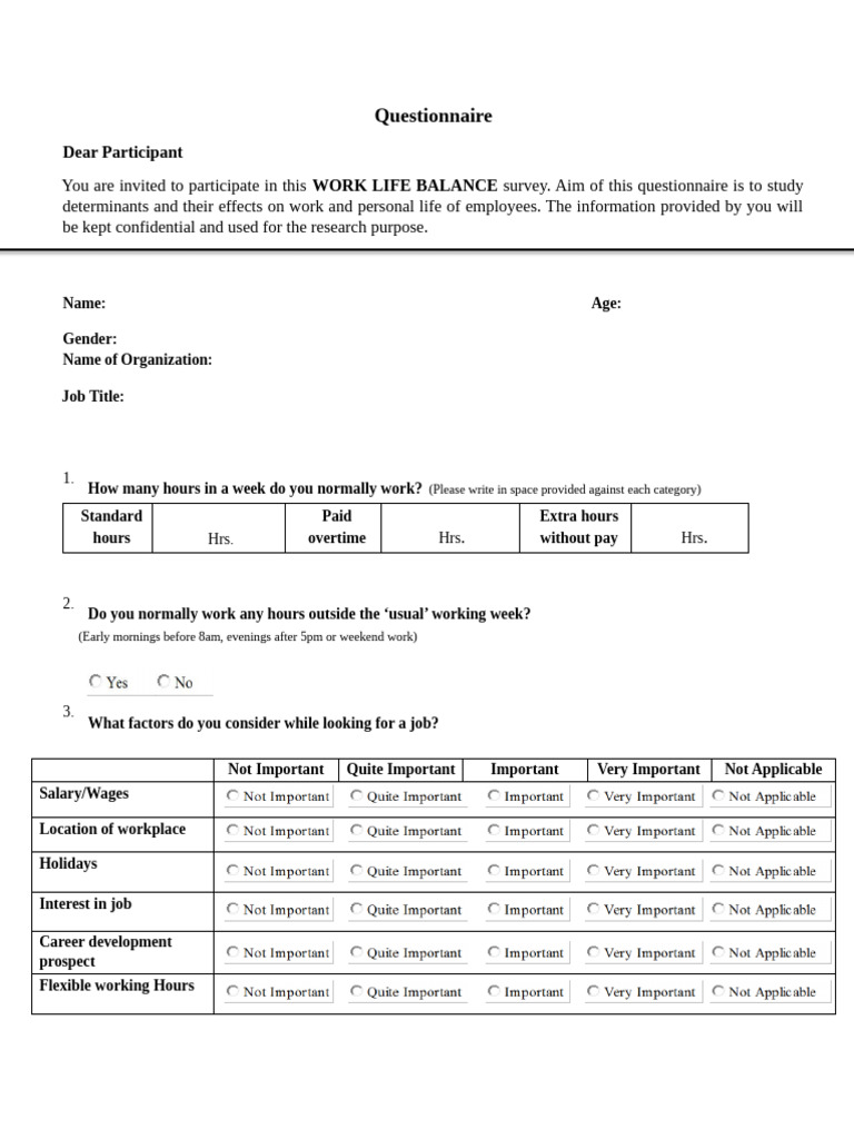 Work-Life Balance Questionnaire | PDF | Salary | Working Time