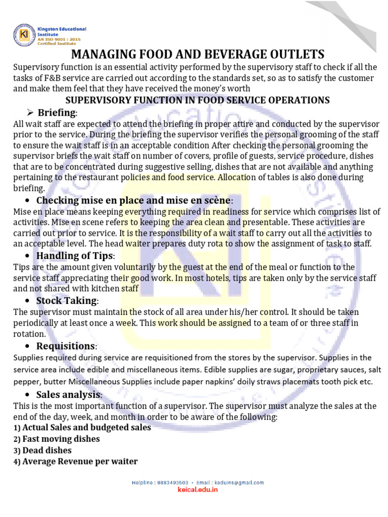Food and Beverage Outlet Management Guide | PDF | Waiting Staff