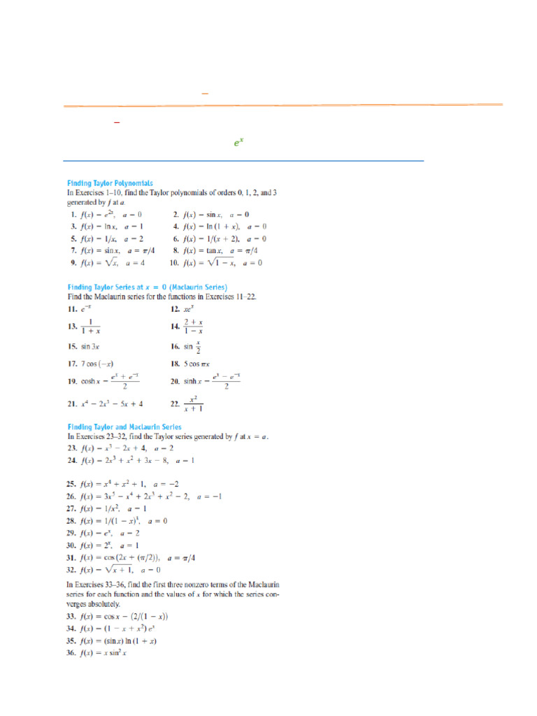 Taylor and Maclaurin Series Worksheet | PDF