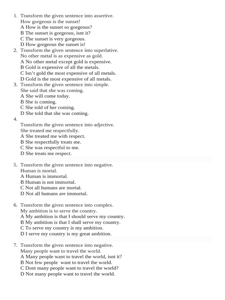 Sentence Transformation Exercises | PDF | Language Mechanics ...