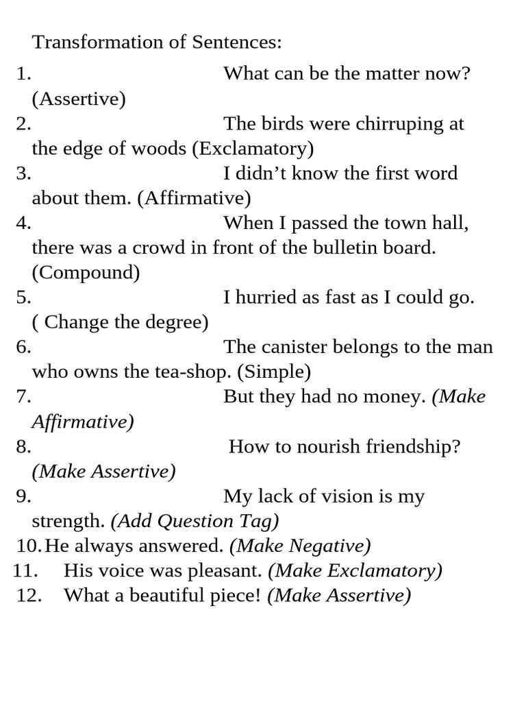 Transformation of Sentences | PDF | Question