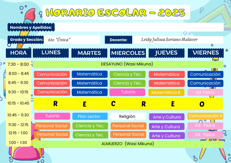 Horario Clases Sexto Grado 2025 | PDF