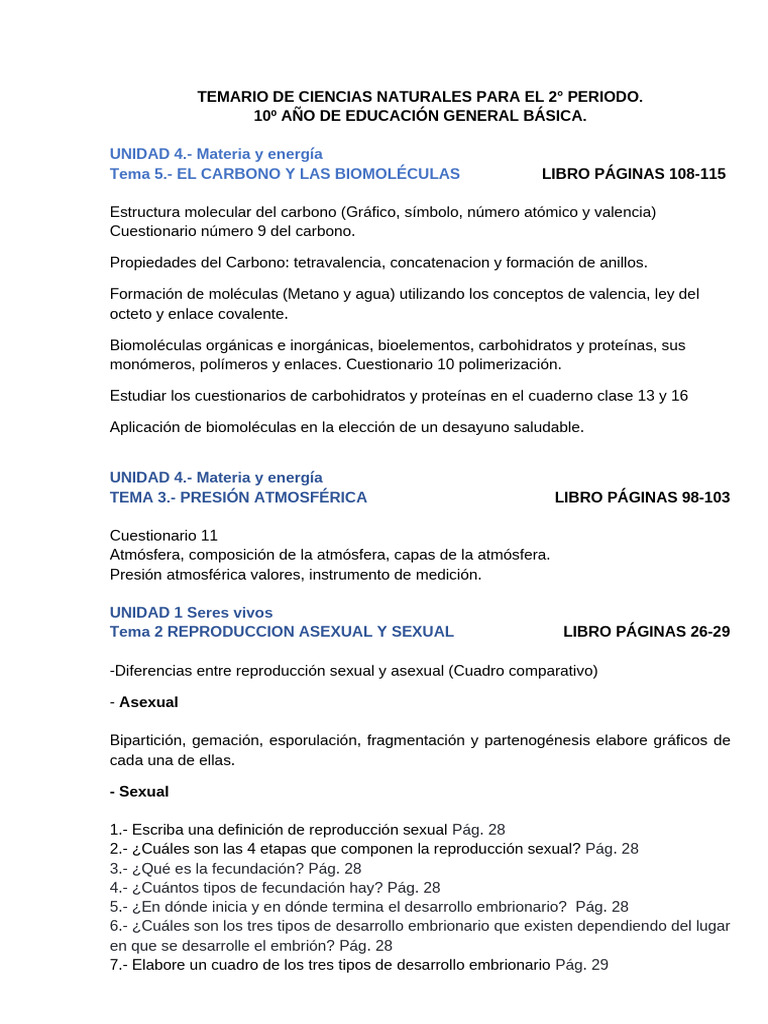 10mo - TEMARIO - CCNN - 2 - QUIMESTRE REVISADO 2 | PDF | Reproducción | Polímeros