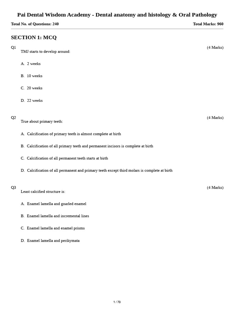 Dental Anatomy & Histology MCQs Guide | PDF | Dental Anatomy | Dentistry
