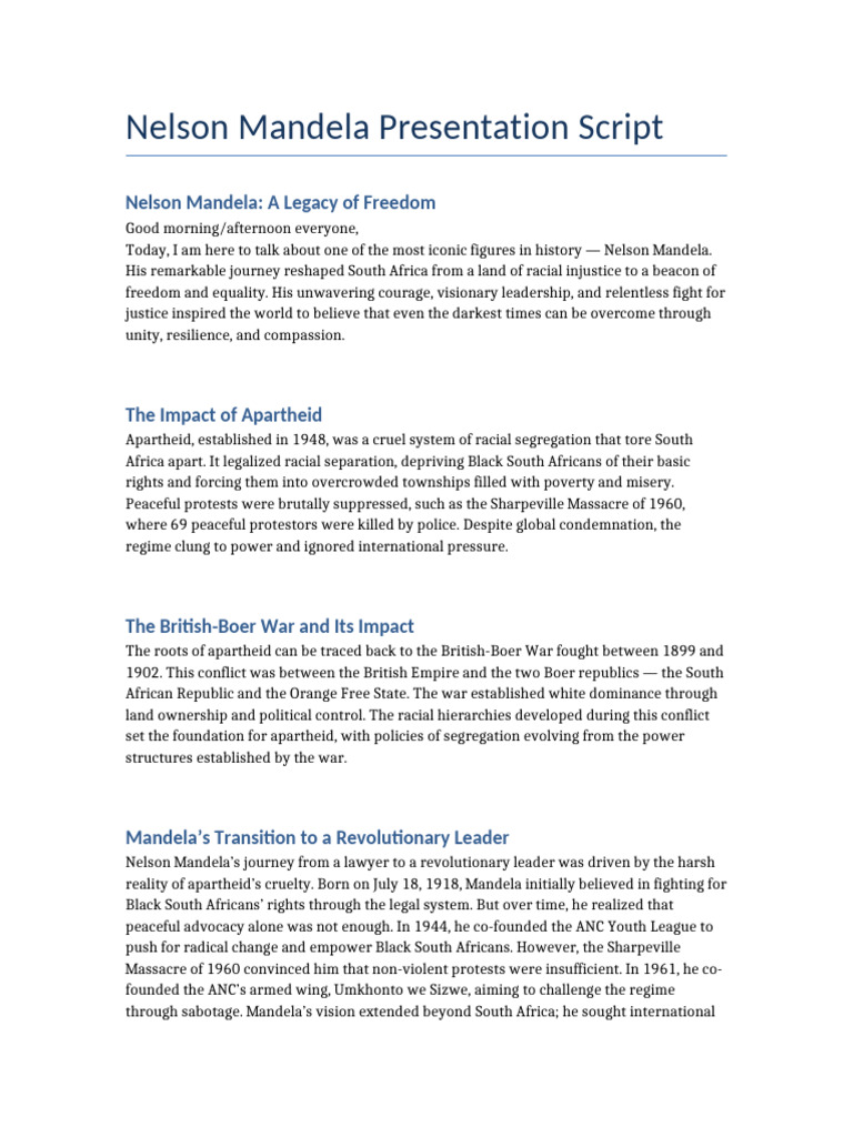 Nelson Mandela Presentation Script | PDF | Nelson Mandela | African National Congress